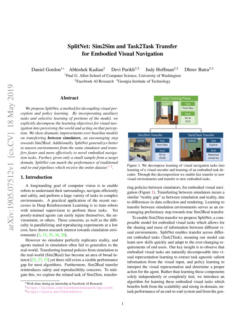 SplitNet: Sim2Sim and Task2Task Transfer for Embodied Visual Navigation | DeepAI