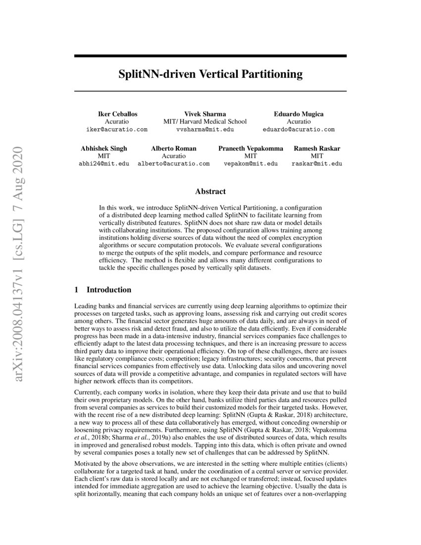 SplitNN-driven Vertical Partitioning | DeepAI
