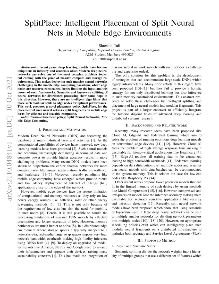 SplitPlace: Intelligent Placement of Split Neural Nets in Mobile Edge Environments | DeepAI