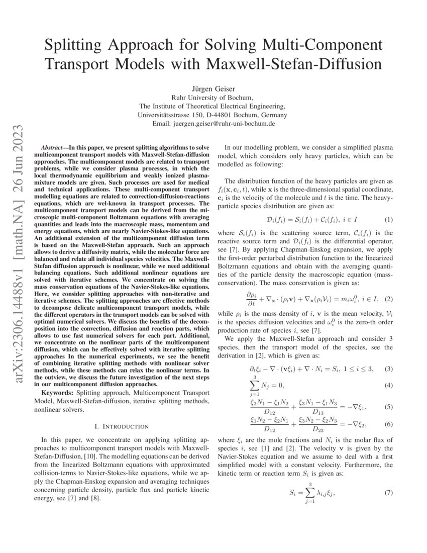 Splitting Approach For Solving Multi Component Transport Models With Maxwell Stefan Diffusion