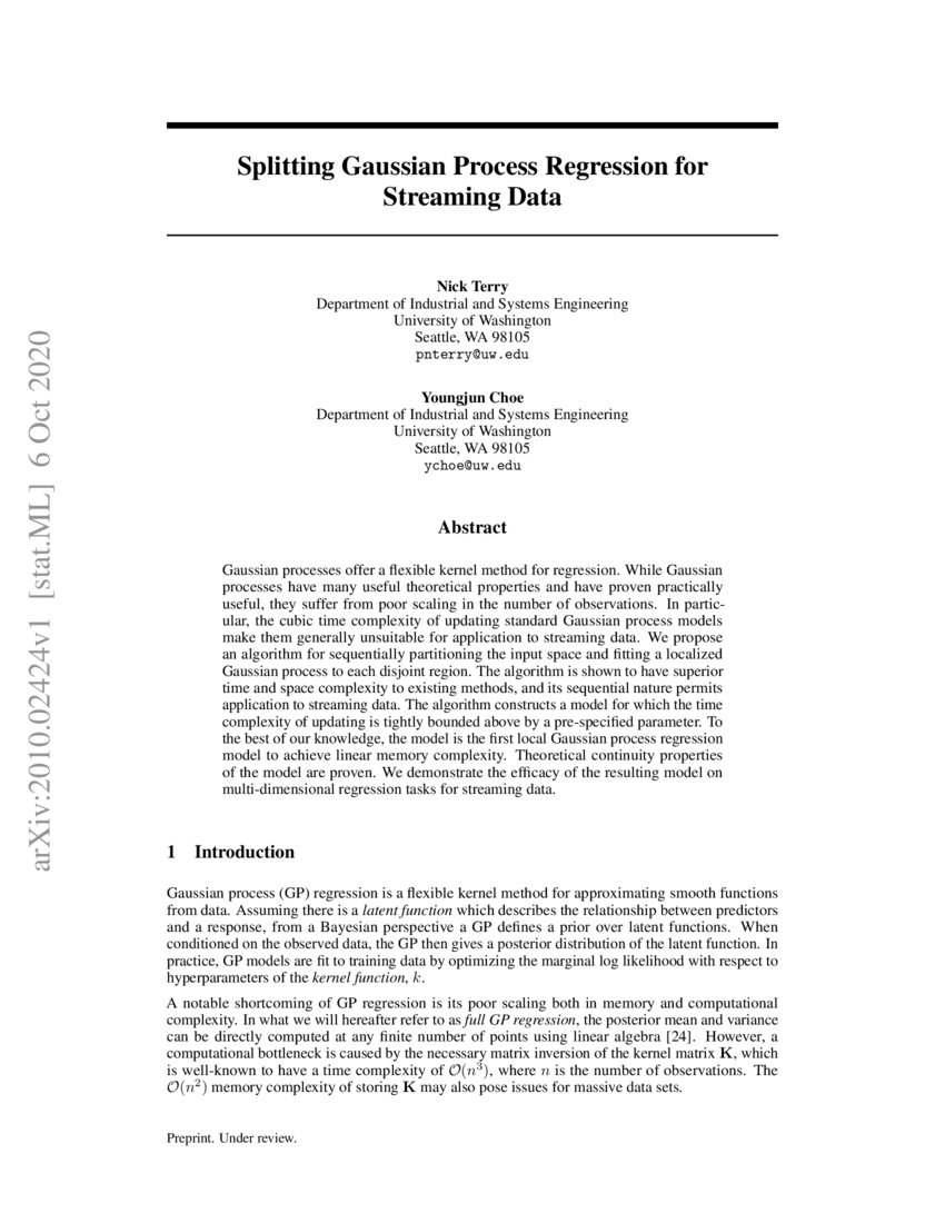 Splitting Gaussian Process Regression for Streaming Data | DeepAI