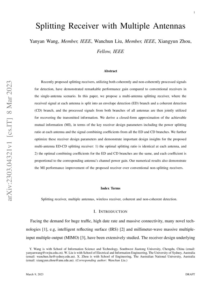 Splitting Receiver with Multiple Antennas | DeepAI