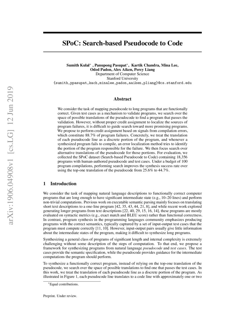 SPoC: Search-based Pseudocode to Code | DeepAI