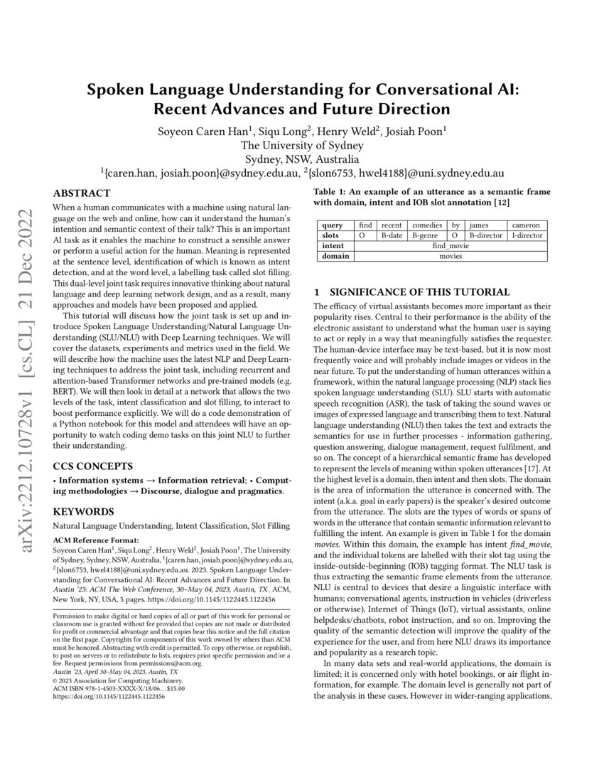 Spoken Language Understanding for Conversational AI: Recent Advances ...