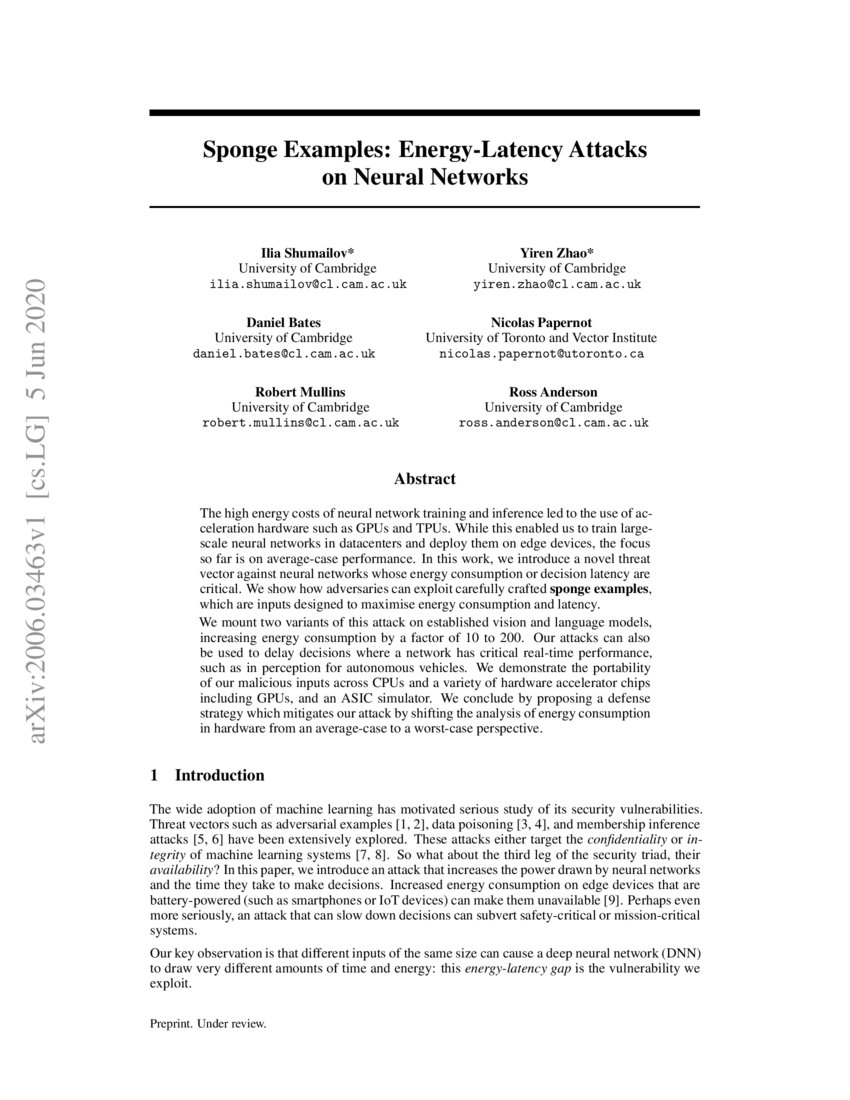 Sponge Examples: Energy-Latency Attacks on Neural Networks | DeepAI