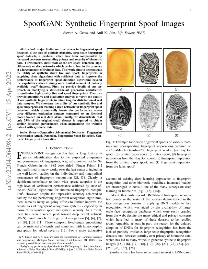 SpoofGAN: Synthetic Fingerprint Spoof Images | DeepAI
