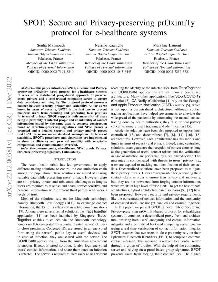 Spot Secure And Privacy Preserving Proximity Protocol For E Healthcare Systems Deepai