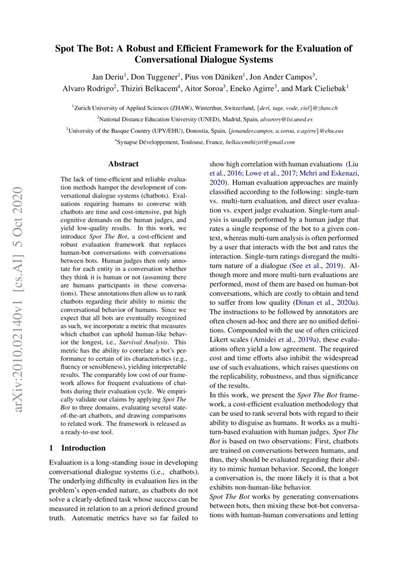 Spot The Bot A Robust And Efficient Framework For The Evaluation Of Conversational Dialogue
