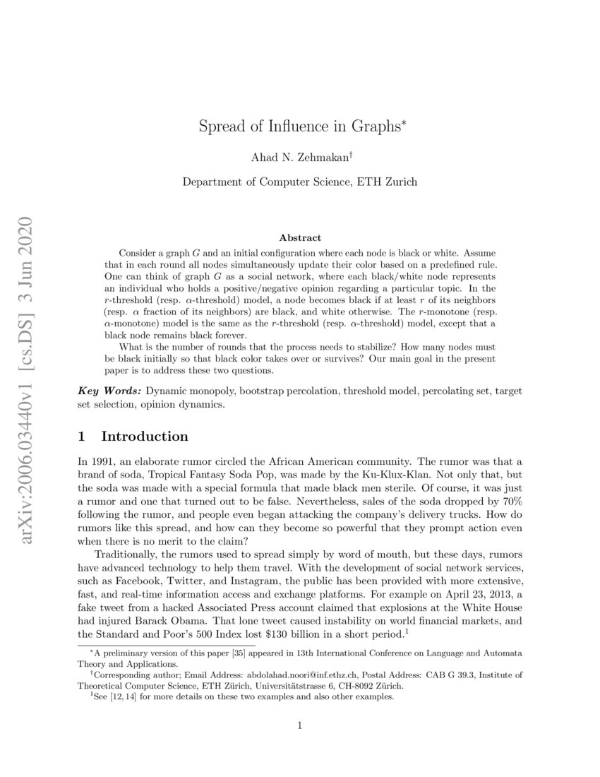 Spread of Influence in Graphs | DeepAI