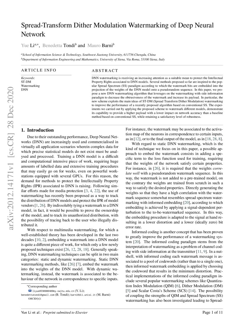 Spread-Transform Dither Modulation Watermarking of Deep Neural Network | DeepAI