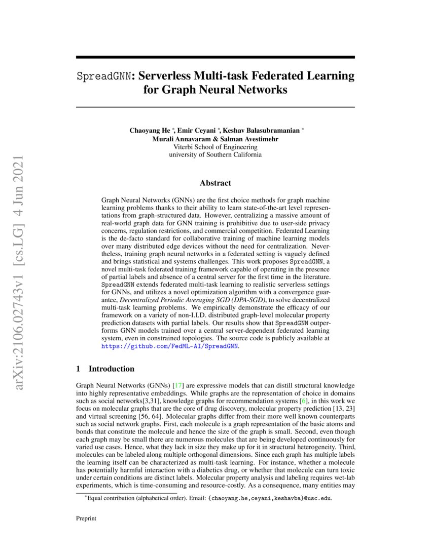 SpreadGNN: Serverless Multi-task Federated Learning for Graph Neural Networks | DeepAI