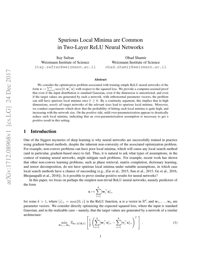 Spurious Local Minima Are Common In Two Layer Relu Neural Networks Deepai
