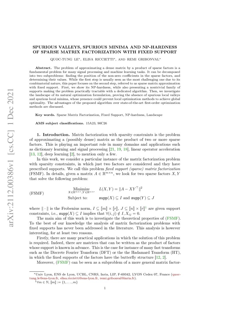 Spurious Valleys, Spurious Minima and NP-hardness of Sparse Matrix Factorization With Fixed ...