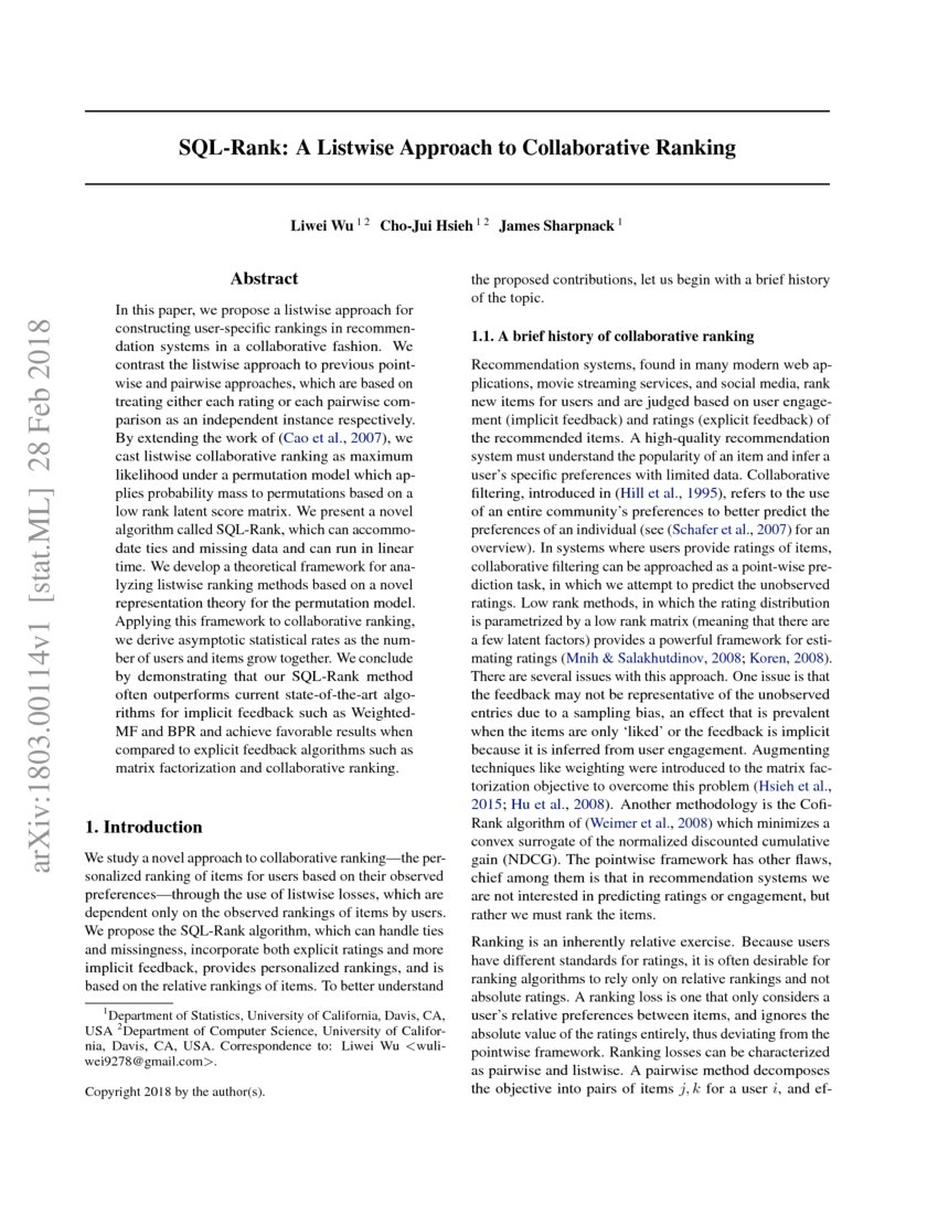 SQL-Rank: A Listwise Approach to Collaborative Ranking | DeepAI