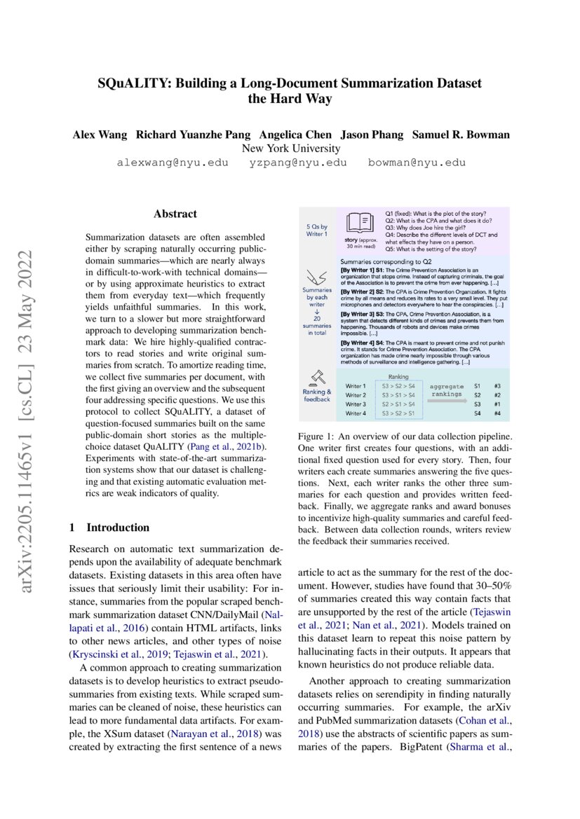 SQuALITY Building A Long Document Summarization Dataset The Hard Way DeepAI