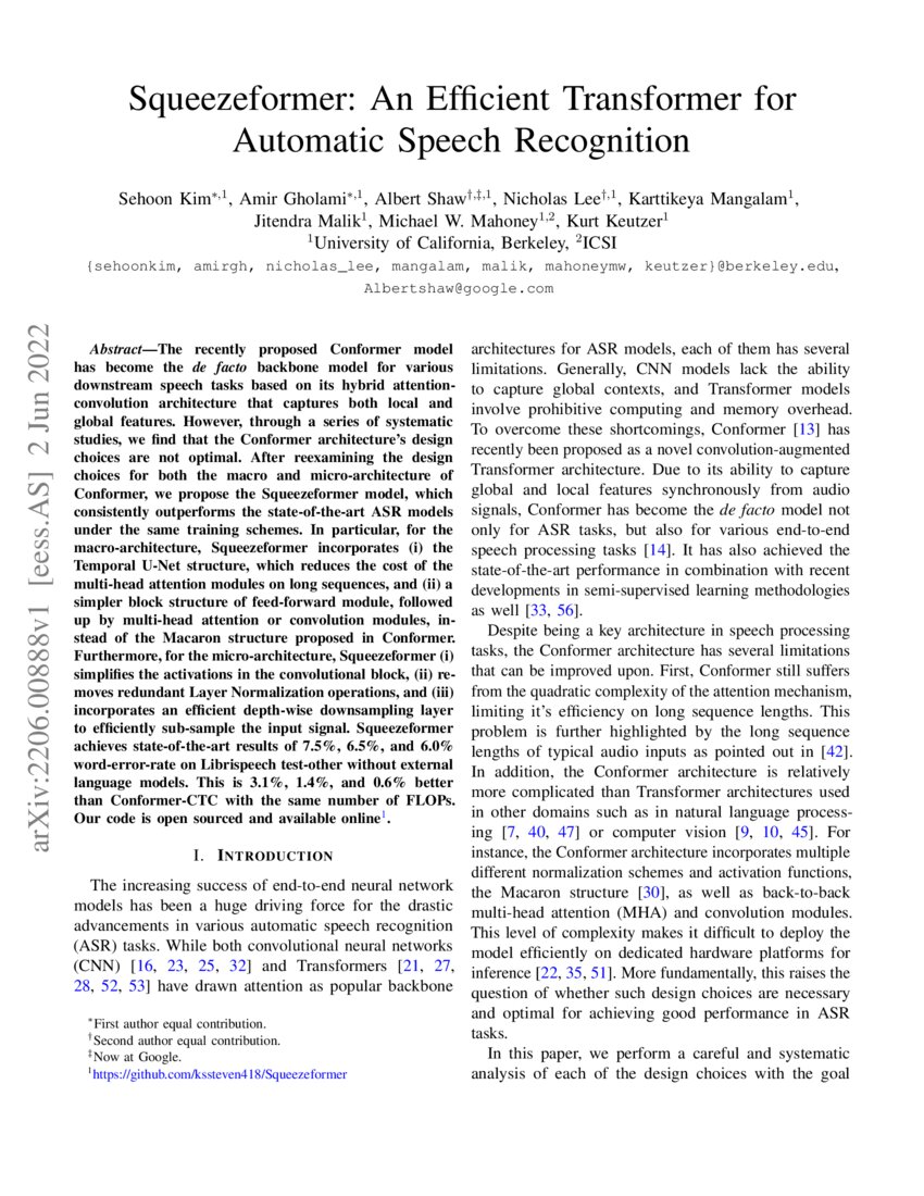 Squeezeformer: An Efficient Transformer for Automatic Speech Recognition | DeepAI