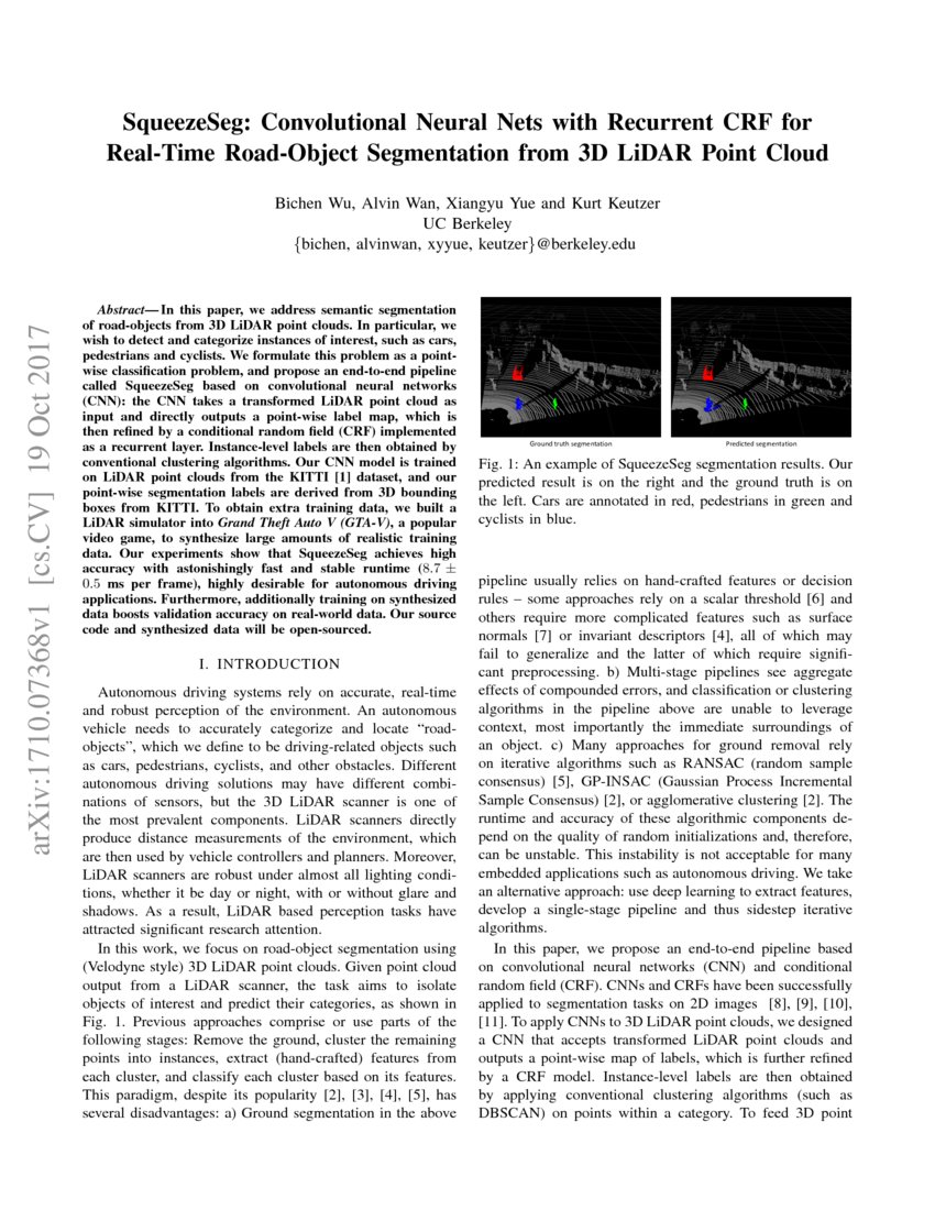 SqueezeSeg: Convolutional Neural Nets with Recurrent CRF for Real-Time Road-Object Segmentation ...