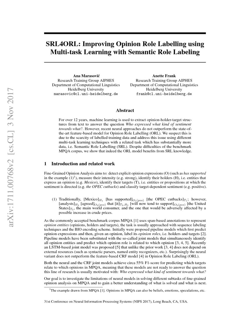 SRL4ORL: Improving Opinion Role Labelling using Multi-task Learning with Semantic Role Labeling ...