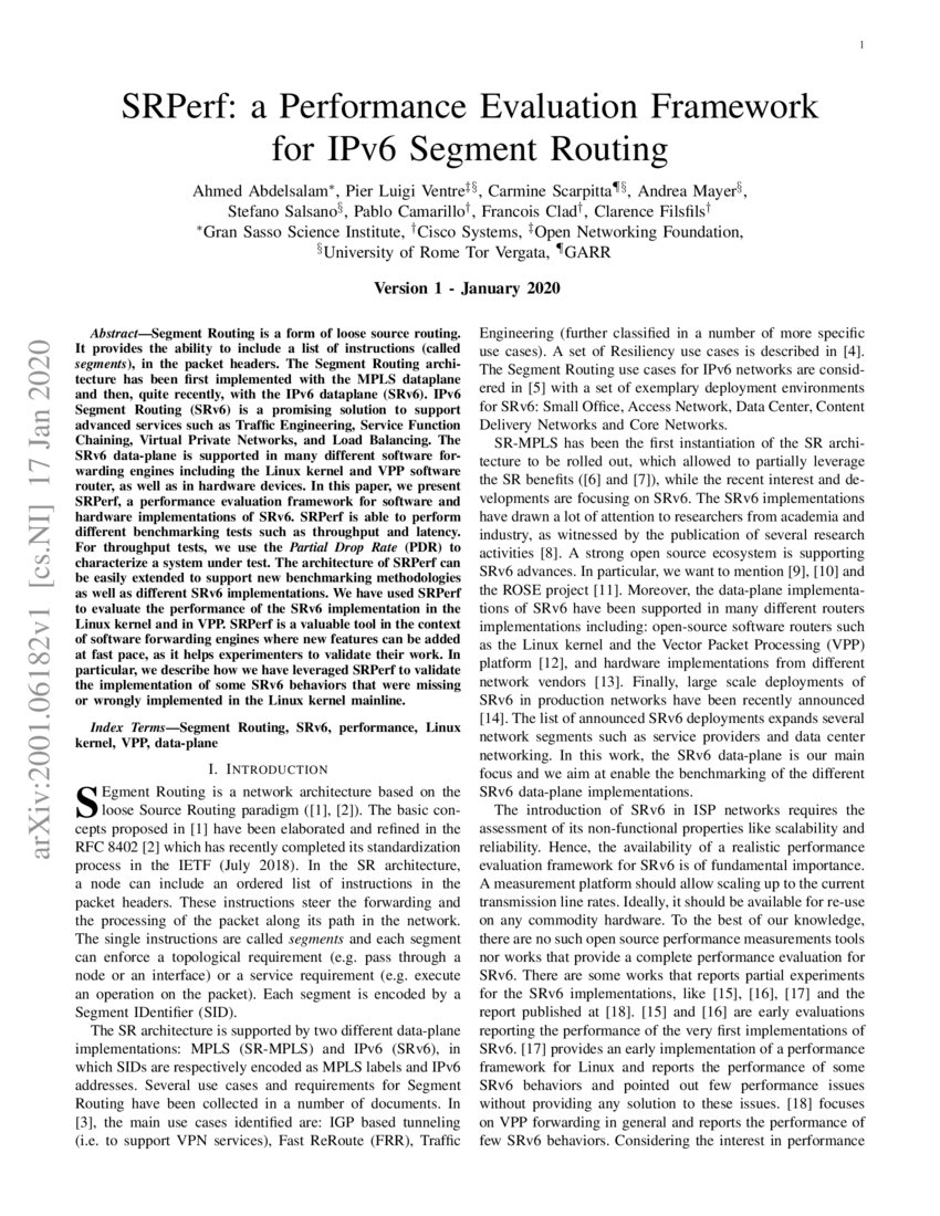 Srperf A Performance Evaluation Framework For Ipv6 Segment Routing