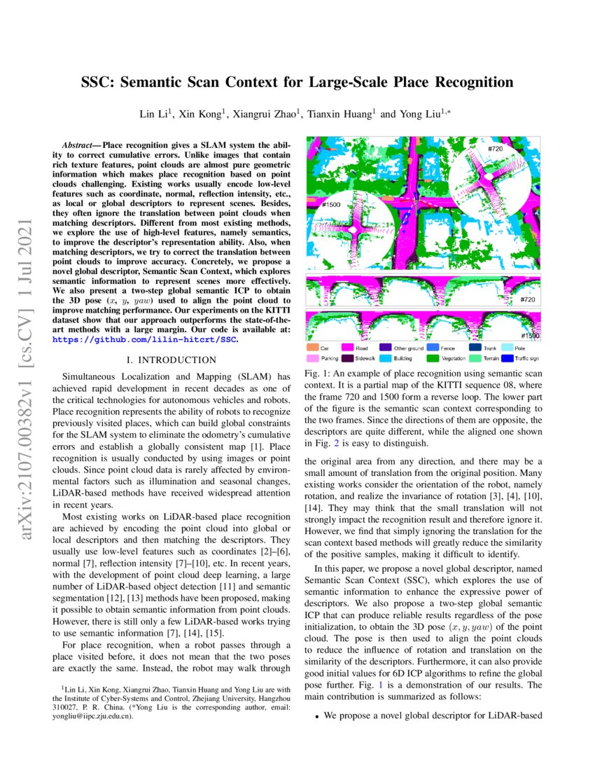 Ssc Semantic Scan Context For Large Scale Place Recognition Deepai