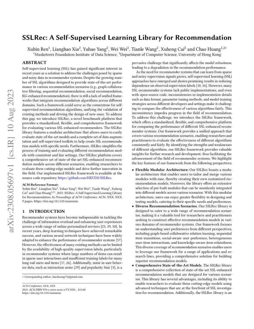 Sslrec A Self Supervised Learning Library For Recommendation Deepai