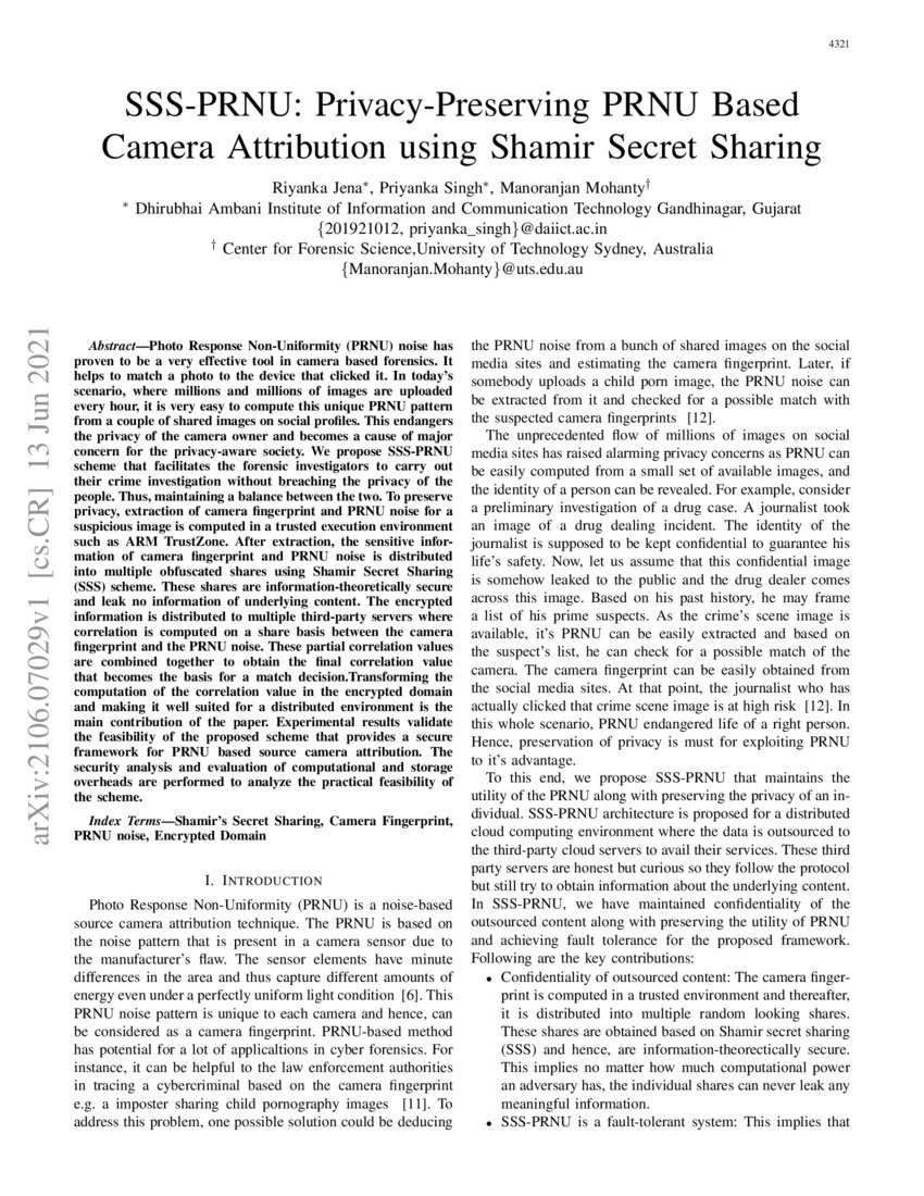 SSS-PRNU: Privacy-Preserving PRNU Based Camera Attribution using Shamir Secret Sharing | DeepAI
