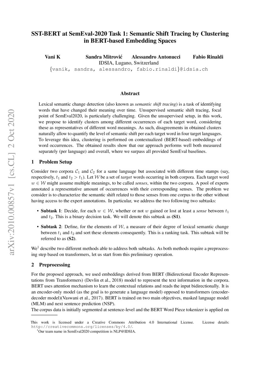 SST-BERT at SemEval-2020 Task 1: Semantic Shift Tracing by Clustering in BERT-based Embedding ...