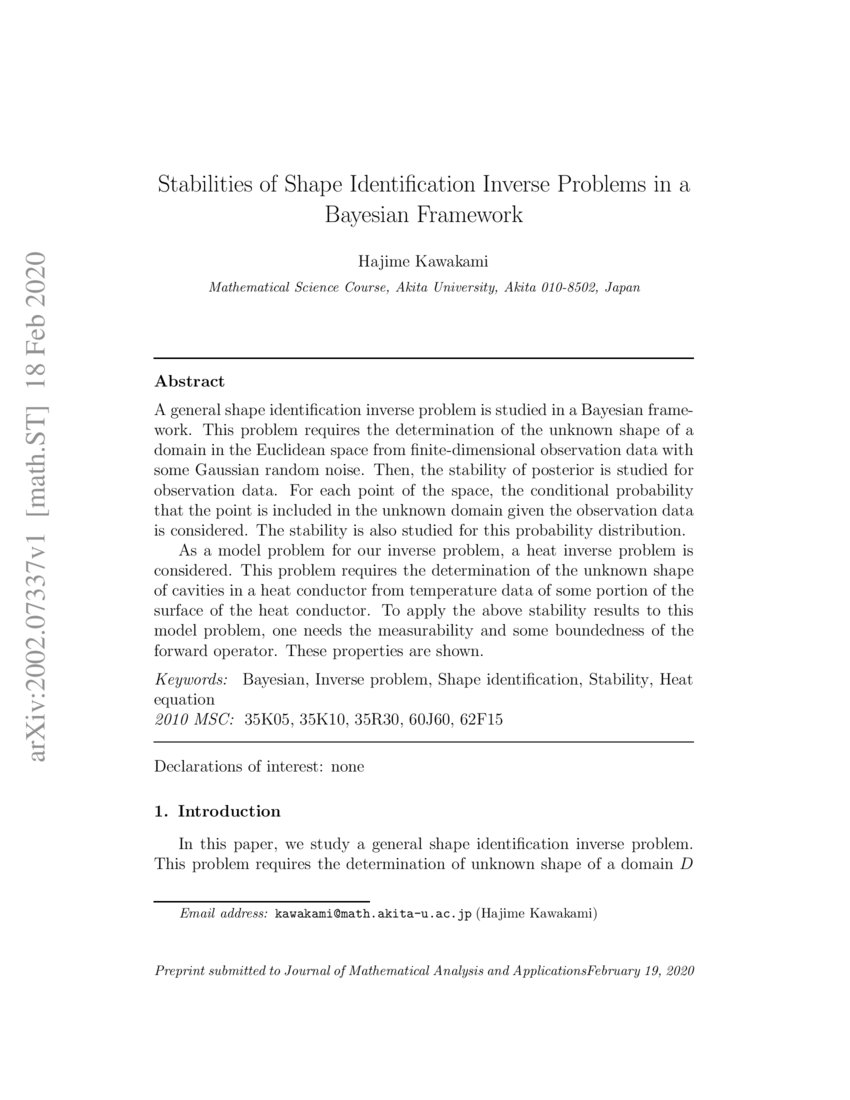 Stabilities of Shape Identification Inverse Problems in a Bayesian ... Stabilities of Shape Identification Inverse Problems in a Bayesian ...