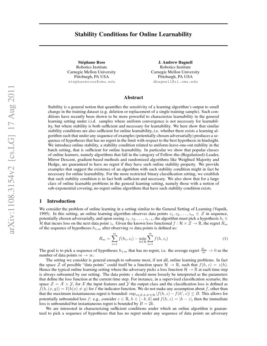 Stability Conditions for Online Learnability | DeepAI