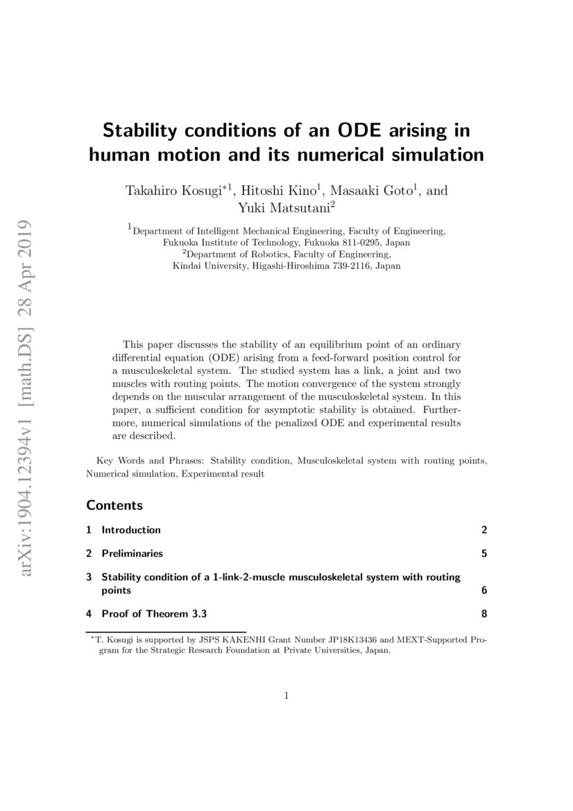 Stability conditions of an ODE arising in human motion and its ...