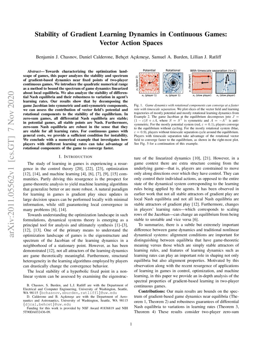 Stability of Gradient Learning Dynamics in Continuous Games: Vector Action Spaces | DeepAI