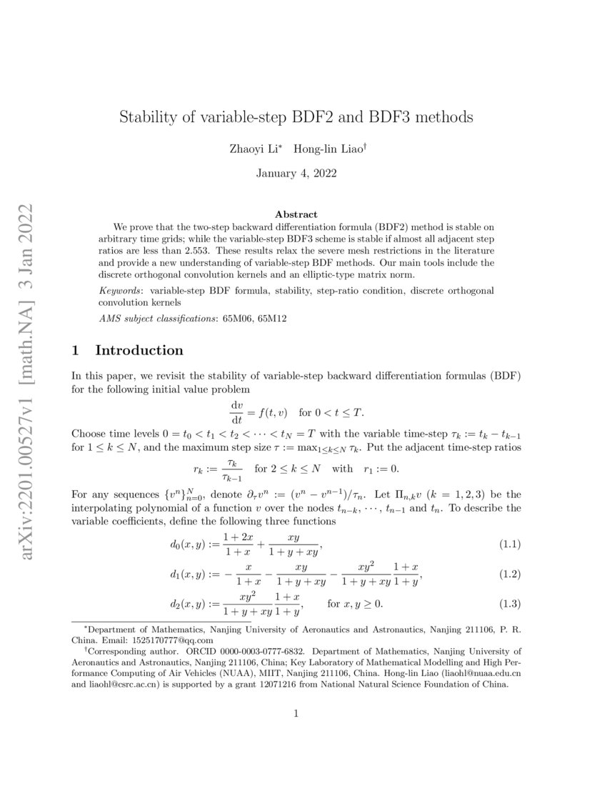 Stability of variable-step BDF2 and BDF3 methods | DeepAI