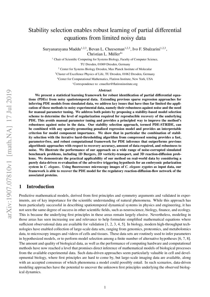 Stability selection enables robust learning of partial differential equations from limited noisy ...