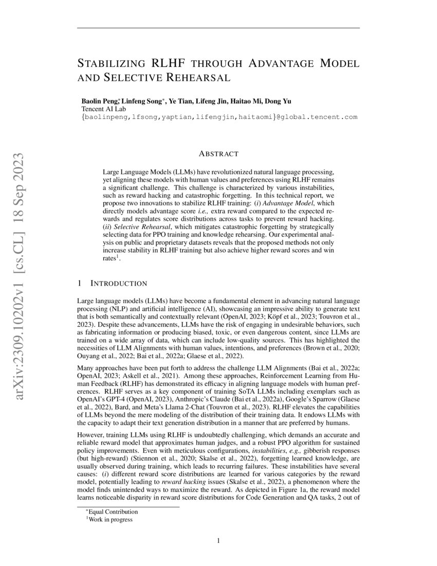 Stabilizing RLHF through Advantage Model and Selective Rehearsal | DeepAI