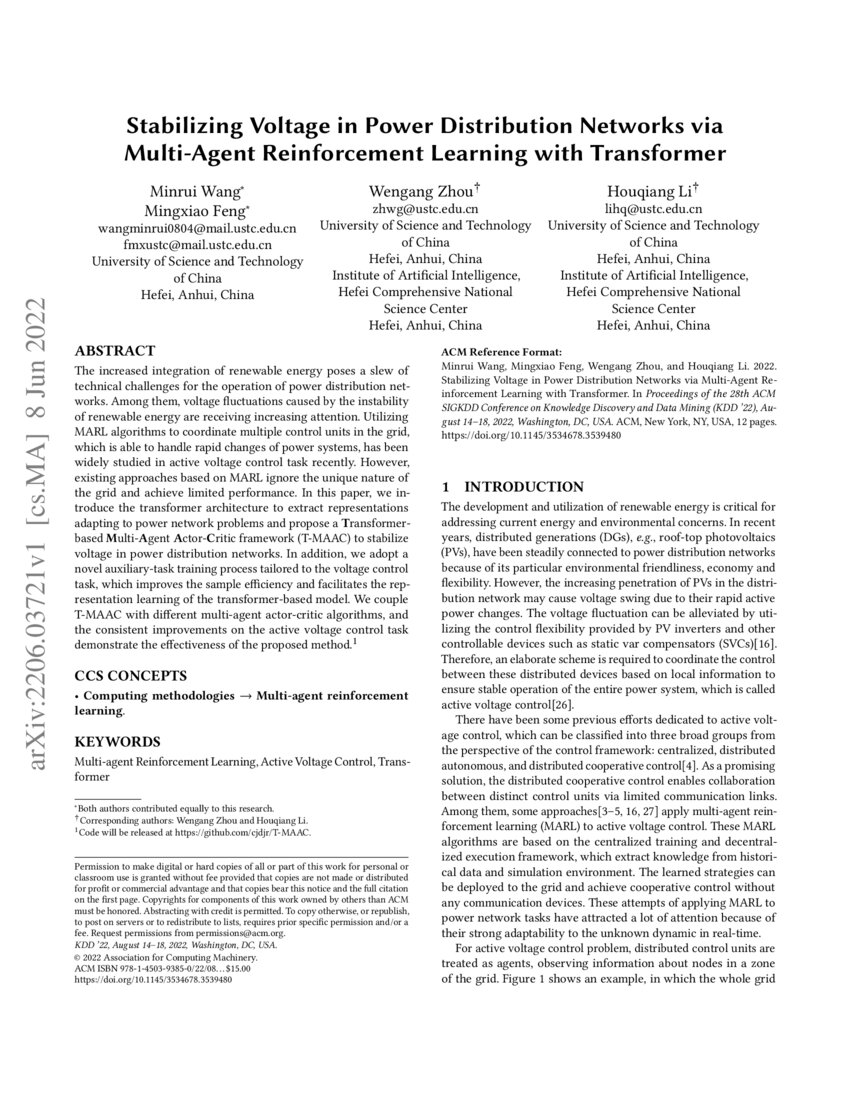 Stabilizing Voltage in Power Distribution Networks via Multi-Agent Reinforcement Learning with ...