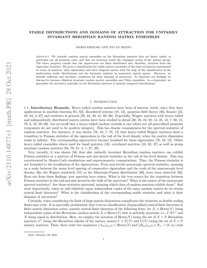 Stable distributions and domains of attraction for unitarily invariant ...