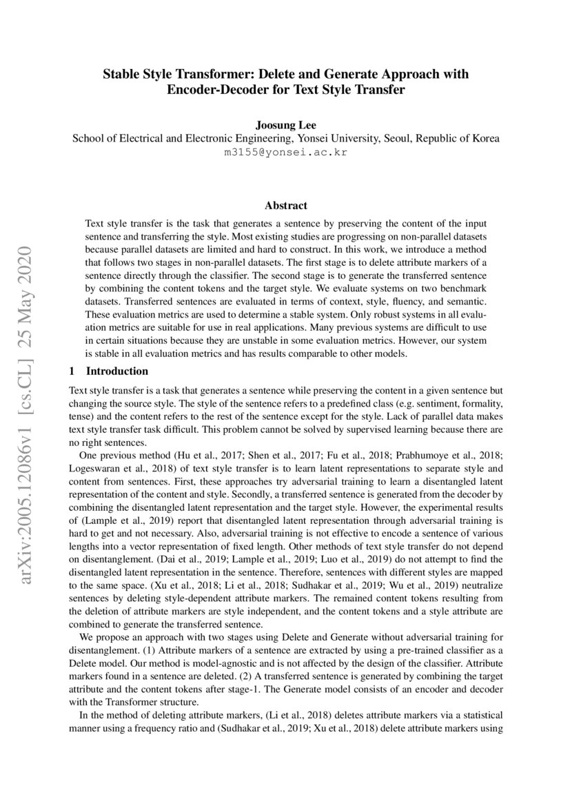 Stable Style Transformer: Delete and Generate Approach with Encoder-Decoder for Text Style ...