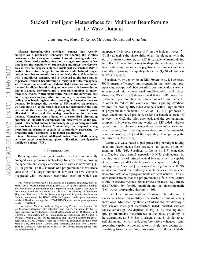 Stacked Intelligent Metasurfaces For Multiuser Beamforming In The Wave Domain Deepai