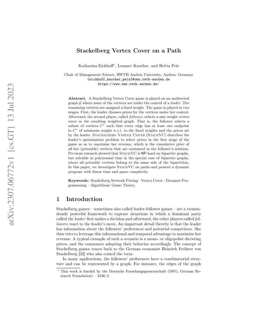 Stackelberg Vertex Cover on a Path | DeepAI