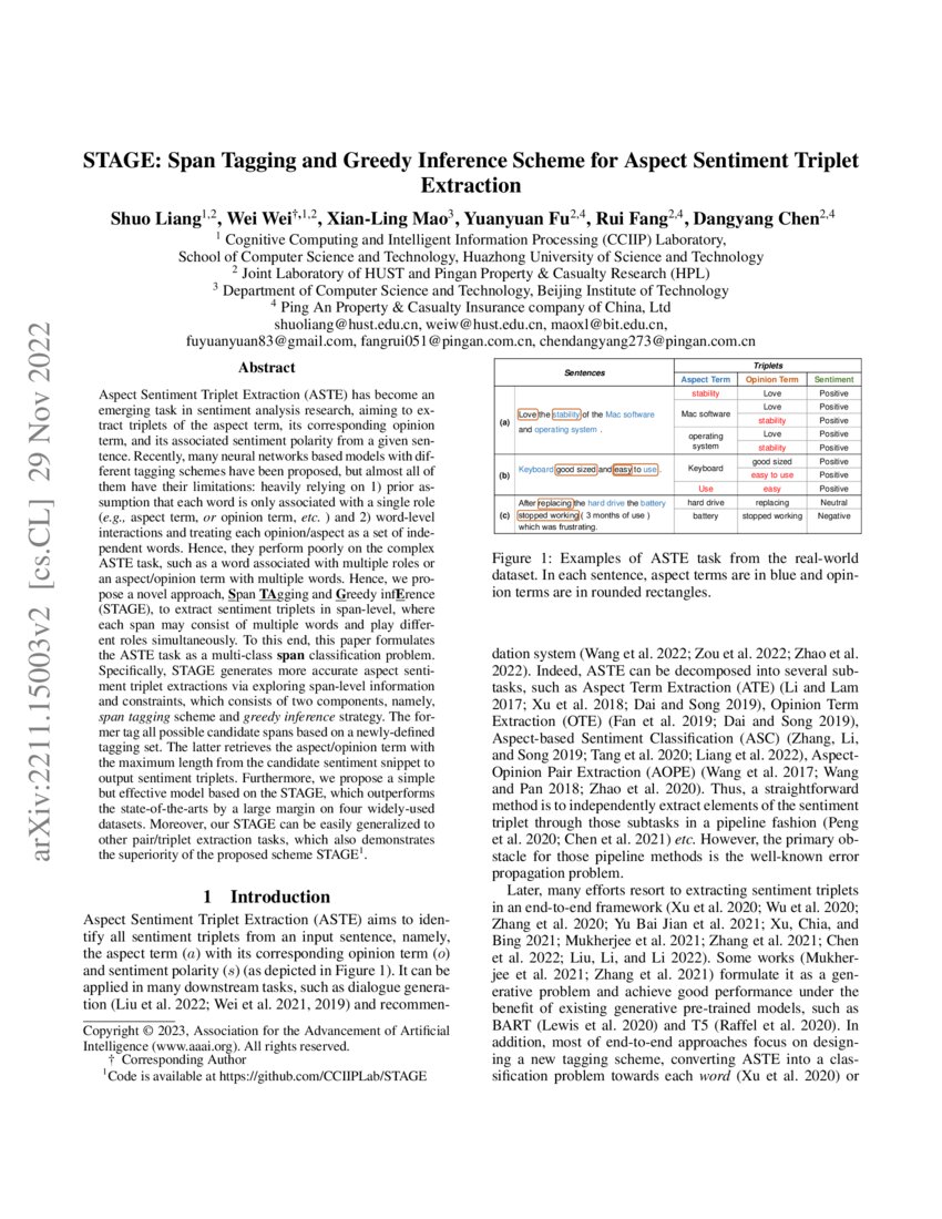 Stage Span Tagging And Greedy Inference Scheme For Aspect Sentiment Triplet Extraction Deepai