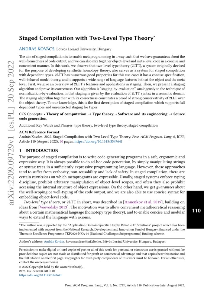 Staged Compilation with Two-Level Type Theory | DeepAI