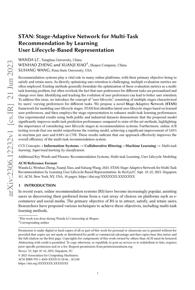 STAN: Stage-Adaptive Network for Multi-Task Recommendation by Learning User Lifecycle-Based ...