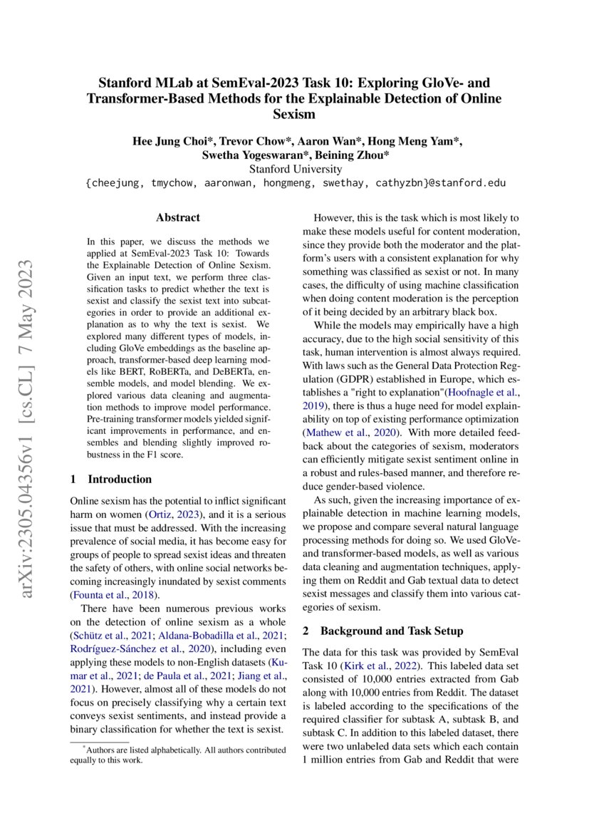 Stanford MLab at SemEval-2023 Task 10: Exploring GloVe- and Transformer-Based Methods for the ...