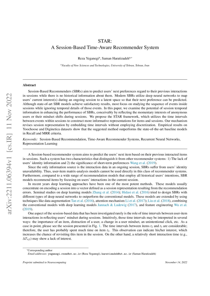 Star A Session Based Time Aware Recommender System Deepai