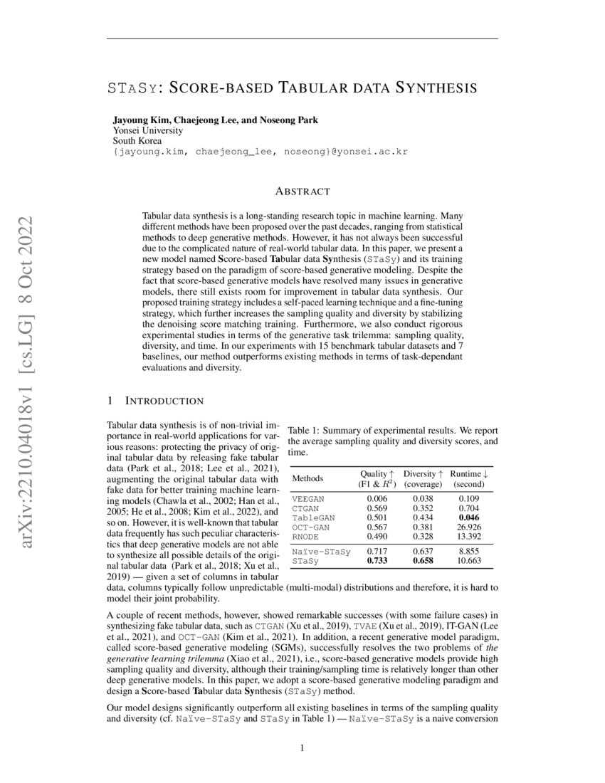 STaSy: Score-based Tabular data Synthesis | DeepAI STaSy: Score-based Tabular data Synthesis | DeepAI