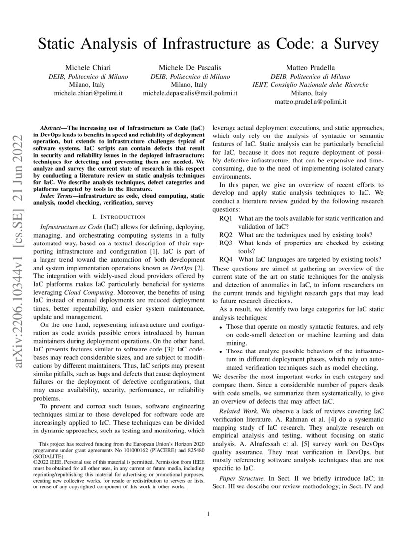 Static Analysis of Infrastructure as Code: a Survey | DeepAI