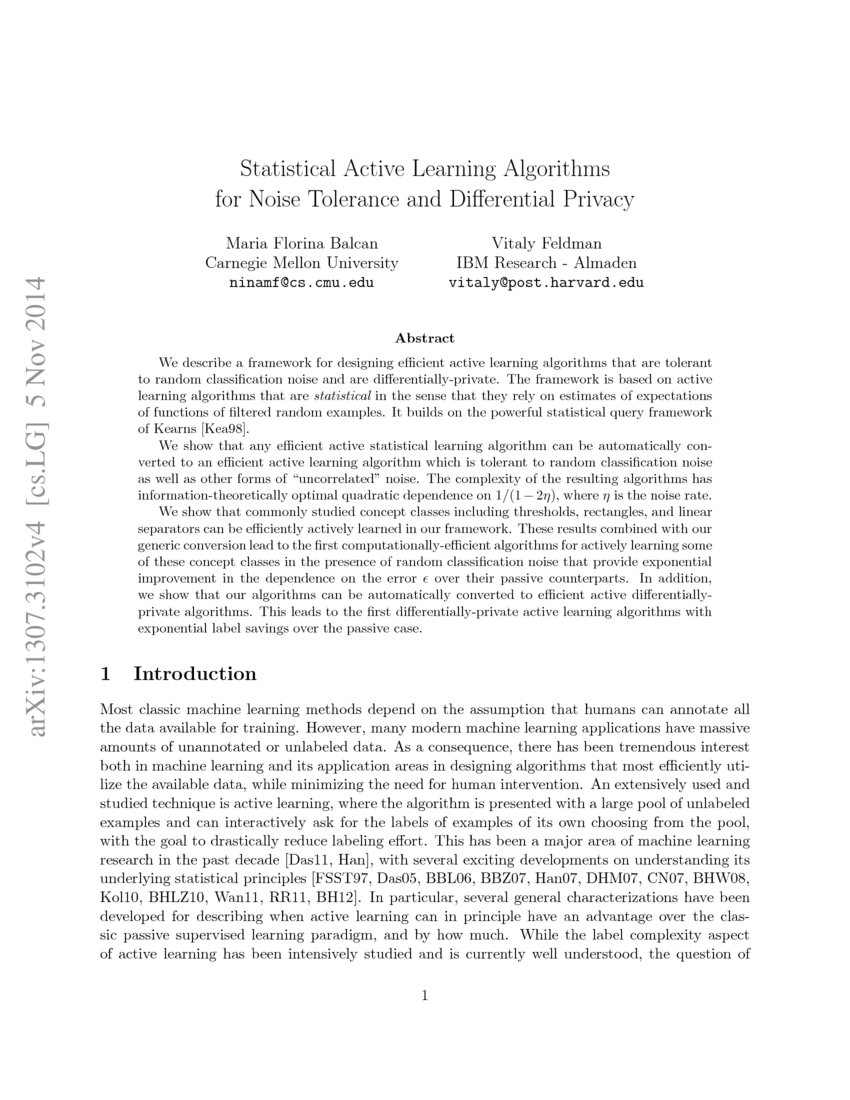Statistical Active Learning Algorithms for Noise Tolerance and Differential Privacy | DeepAI