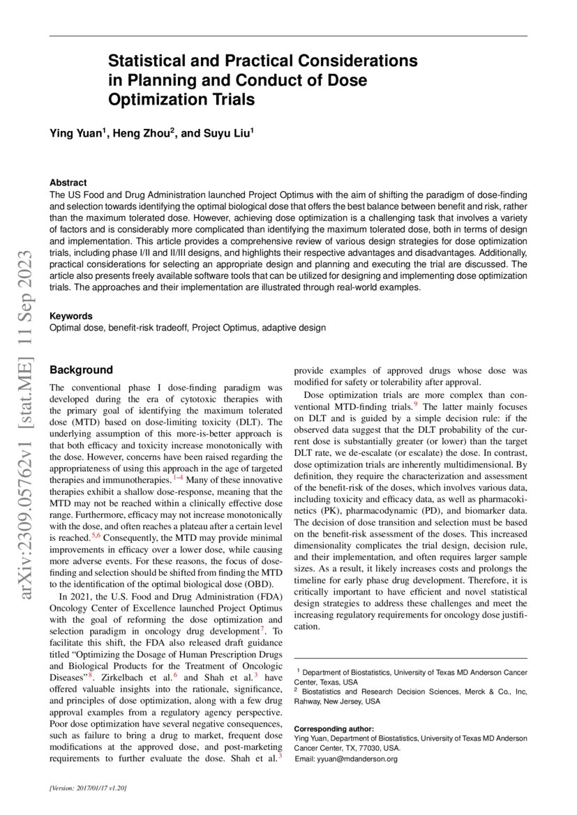Statistical and Practical Considerations in Planning and Conduct of Dose Optimization Trials ...