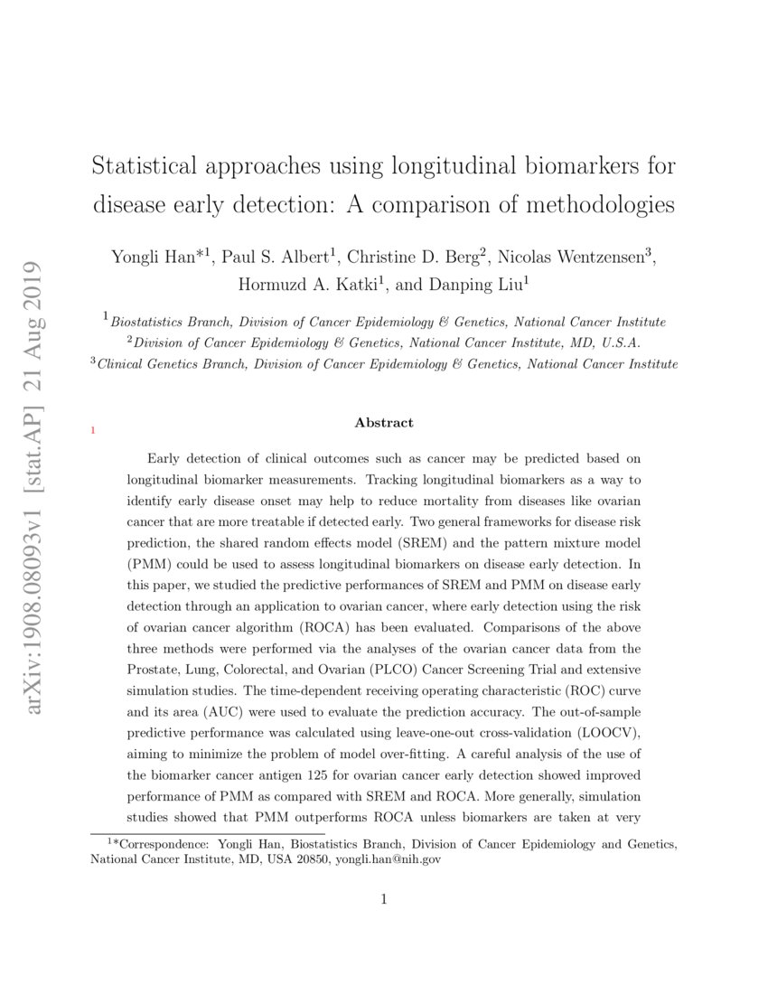 Statistical approaches using longitudinal biomarkers for disease early detection: A comparison ...