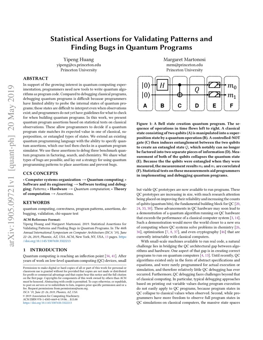 Statistical Assertions For Validating Patterns And Finding Bugs In Quantum Programs Deepai